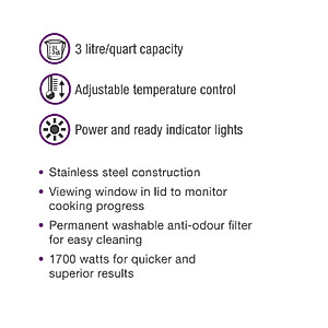 Salton Stainless Steel Deep Fryer, 3 Liter Oil Capacity with Wire Mesh Basket, Adjustable Temperature Control and Ready Lights, Completely Detachable Parts for Easy Clean Up, 1700 Watts (DF1233), 3L