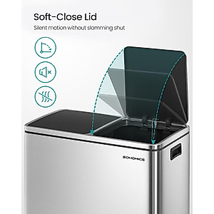 SONGMICS Trash Can, 2 x 10.6 Gallon (2 x 40 L) Garbage Can for Kitchen, with 15 Trash Bags, 2 Compartments, Plastic Inner Buckets and Hinged Lids, Airtight, Silver and Black ULTB730E80