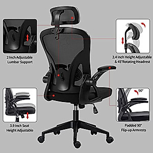 Office Chair,Ergonomic Desk Chair with Adjustable Headrest and Lumbar Support,High Back Mesh Computer Chair with Padded Flip-up Armrests,Swivel Task Chair with Large Seat,Tilt Function,Black