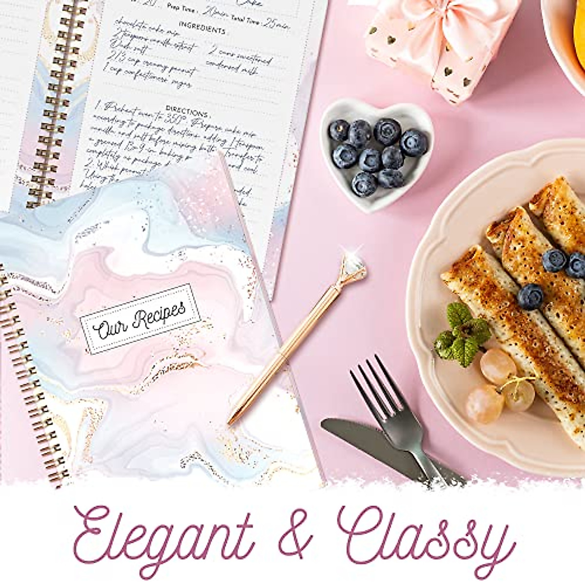 A5 Marble Recipe Book with Diamond Pen, Recipe Book to Write Your Own Recipes Sticker Dividers, Blank Recipe Book with Insides Pockets, Recipe Notebook, Recipe Books, Recipe Journal (Pink)