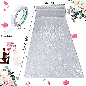 Sequin Aisle Runner for Weddings 2 x 15 ft Glitter Wedding Rug Runner with Carpet Tape Sparkly Wedding Outdoor Floor Runner Floor Carpet Runner for Prom Ceremony Event Party Decoration (Silver)