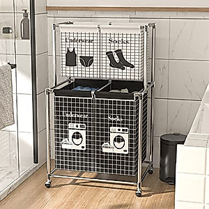 TENNTOU 2-Tier Laundry Sorter Cart with Wheel, 4 Sections Hamper, Vertical Basket Organizer, Sturdy Frame with 4-Bags for Bathroom, Living Room