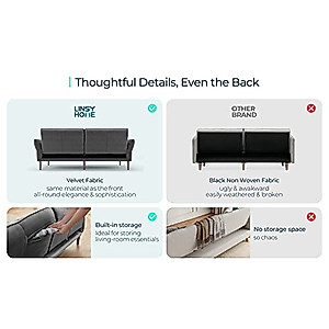 LINSY HOME Futon Sofa Bed, Velvet Sleeper Sofa with Mattress and Frame, Memory Foam Futon Couch for Small Spaces, Living Room, Dark Grey