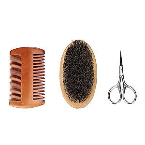 Men's Beard Grooming Set, Double-Sided Comb and Beard Brush Soft Synthetic Hair Styling Brush and Shaving Scissors Shaving Beards and Mustaches(Beard Brush + Comb + Scissors))