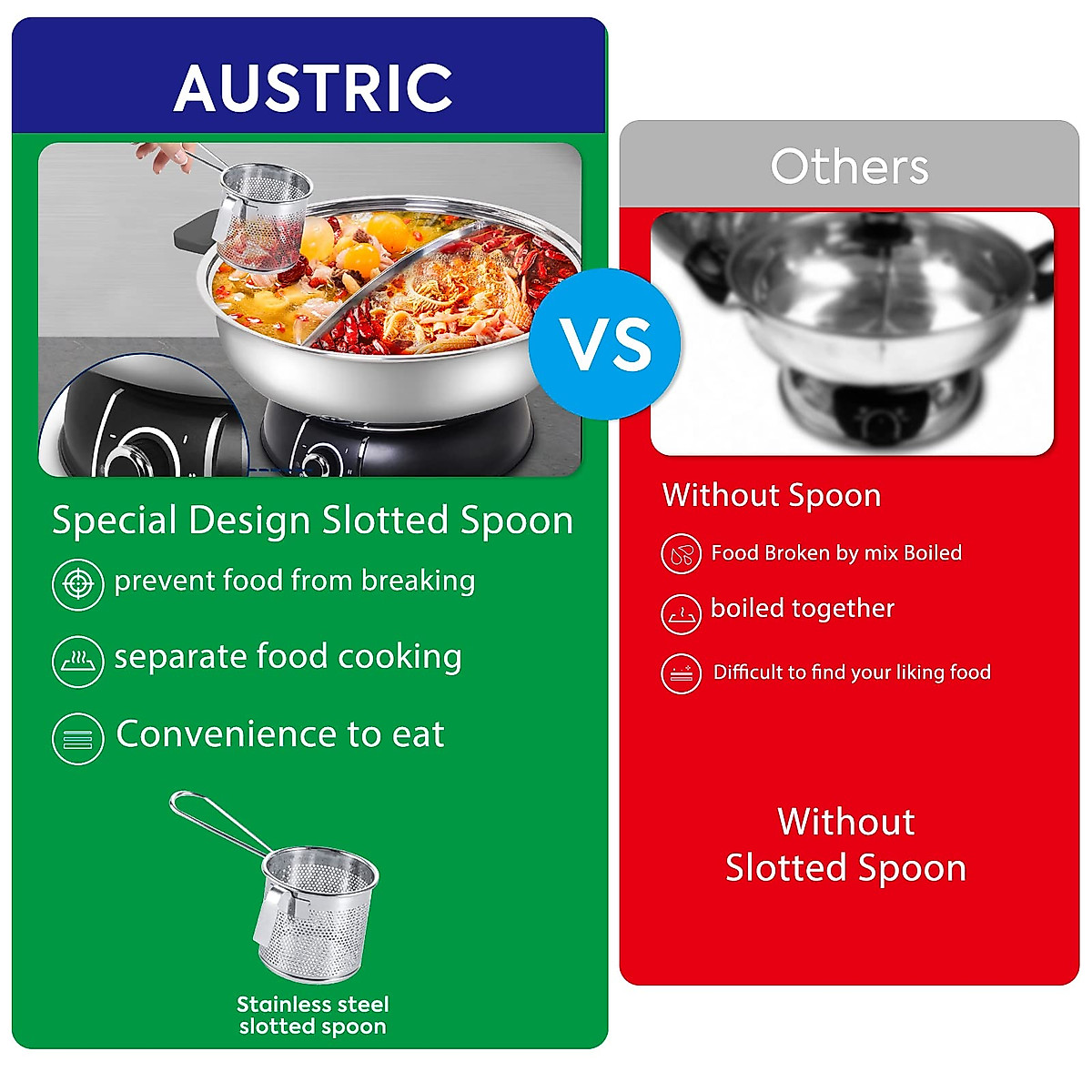 Austric Electric Shabu Shabu Hot Pot, 304 Stainless Steel Hot Pot with Divider Electric pot with Tempered Glass Lid for Party, Family Gathering,5L large capacity… (HS-160BU-Lift)