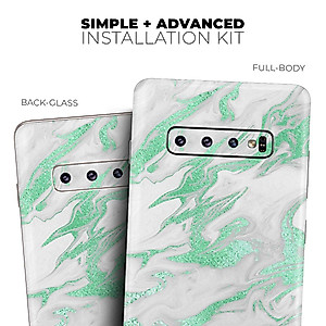DesignSkinz Mint Marble & Digital Gold Foil V3 Protective Vinyl Decal Wrap Skin Cover Compatible with The Samsung Galaxy S20 (Screen Trim & Back Glass Skin)