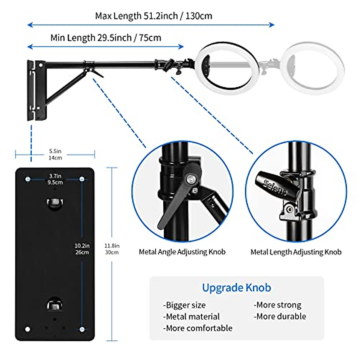 Selens Wall Mount Boom Arm with Triangle Base, Max Length 51inches/130cm Adjustable Camera Mount Up to 4.26ft for Photography Studio Video Strobe Flash, Ring Light, Softbox, Umbrella Reflector etc.
