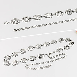 Tatibana Women Boho Chain Belts, Western Cowgirl Waist Links Belt Adjustable Metal Concho Metal Chain Hollow Out Daisy Decorated Skinny Waist Belt For Dresses