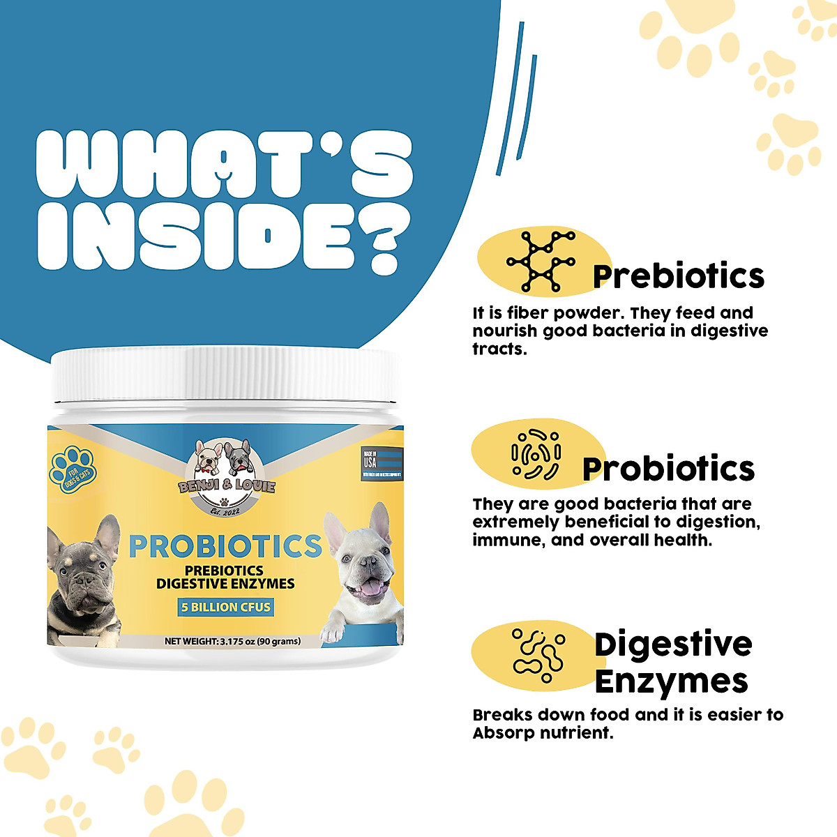 Dog Probiotics, Cat Probiotics, Probiotics for Dogs, Probiotics for Cat, 5 Billion CFUs + Prebiotics + Digestive Enzymes for Digestive Health & Immune Support, Skin & Coat, Dog Probiotic, 90 Grams