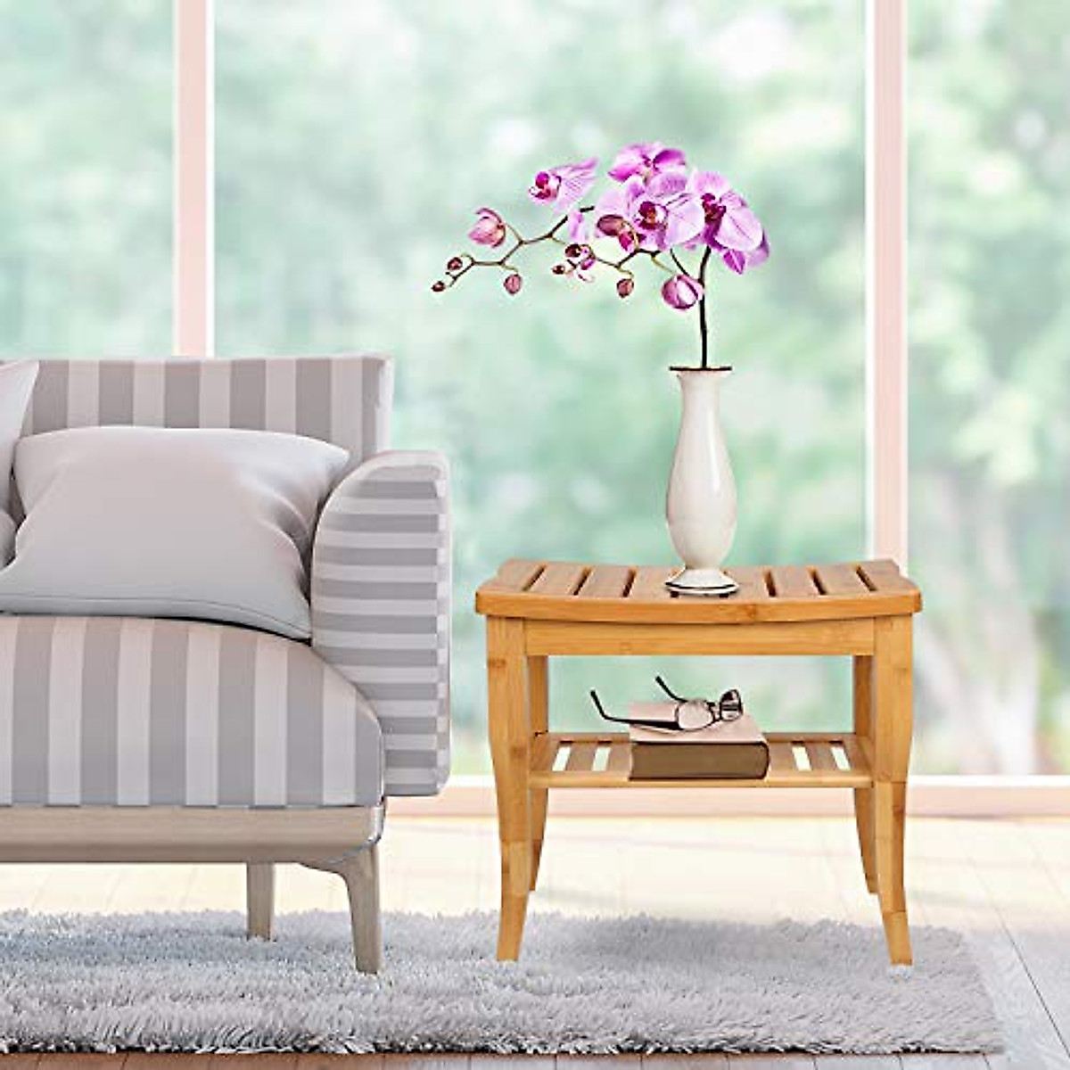 Hossejoy Bamboo Shower Bench Seat Wood Spa Bath Luxury Organizer Stool Shower Chair with Storage Shelf, Perfect for Indoor or Outdoor (19''x10.2''x17.7'')