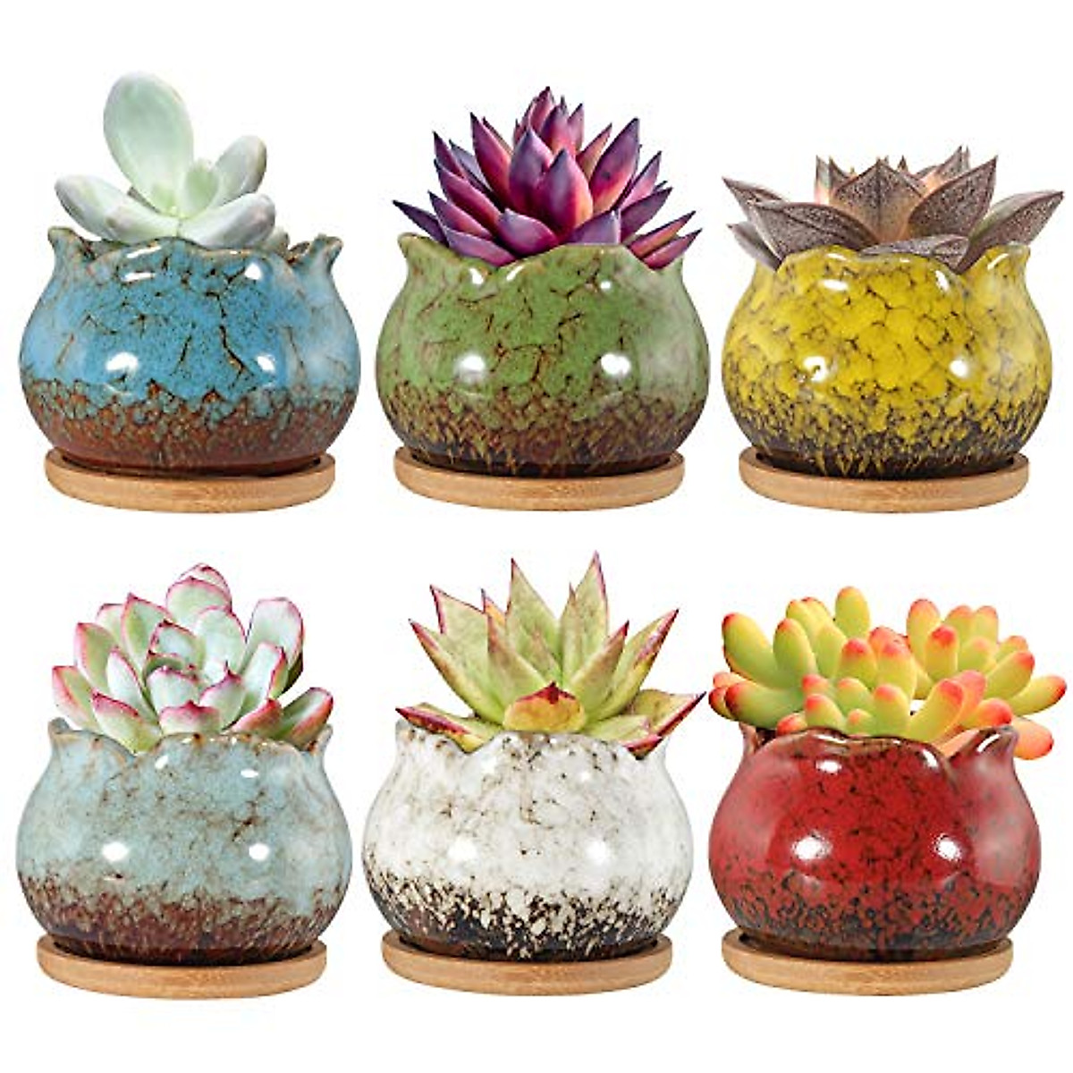 Laerjin Succulent Pots, 4 Inch Ceramic Plant Pots and Drainage Hole with Bamboo Tray, Colorful Flower Planter Pot, Pack of 6 (Plants Not Included)