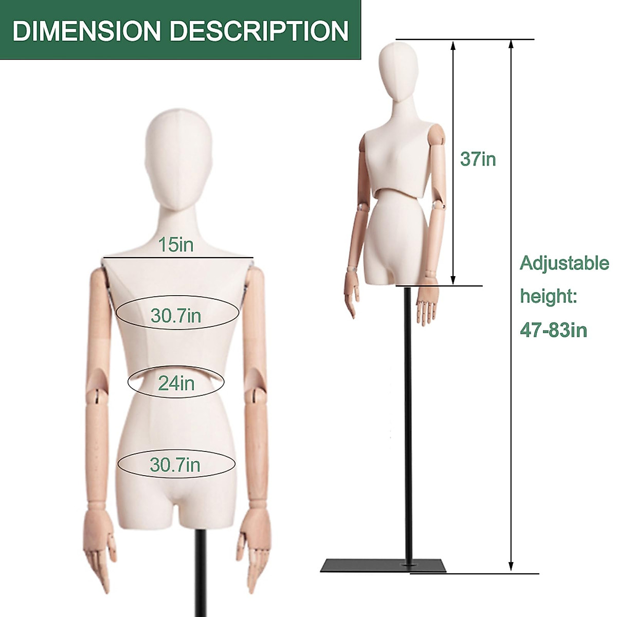 CDDUOLA Female Mannequin Dress Form Torso with Rotatable Waist and Head, Mechanical Upper Body Model Torso Display, 47-83 Inch Height Adjustable for Dress and Jewelry Display