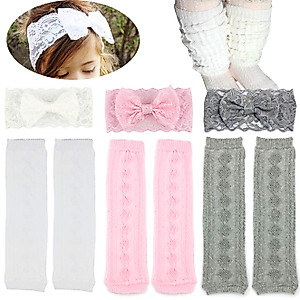 Elesa Miracle 3 Pairs Knitted Baby & Toddler Cozy Soft Argyle Leg Warmers and Baby Lace Bow Headband Value Set