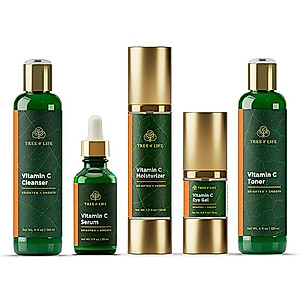 NEW LOOK | Tree of Life Vitamin C Brightening Complete 5-Pack: Serum (1 Oz), Moisturizer Cream (1.7 Oz), Eye Gel, (0.5 Oz), Toner (4 oz), Cleanser (4 oz), Renewing for Face, Clean Dermatologist-Tested Skin care