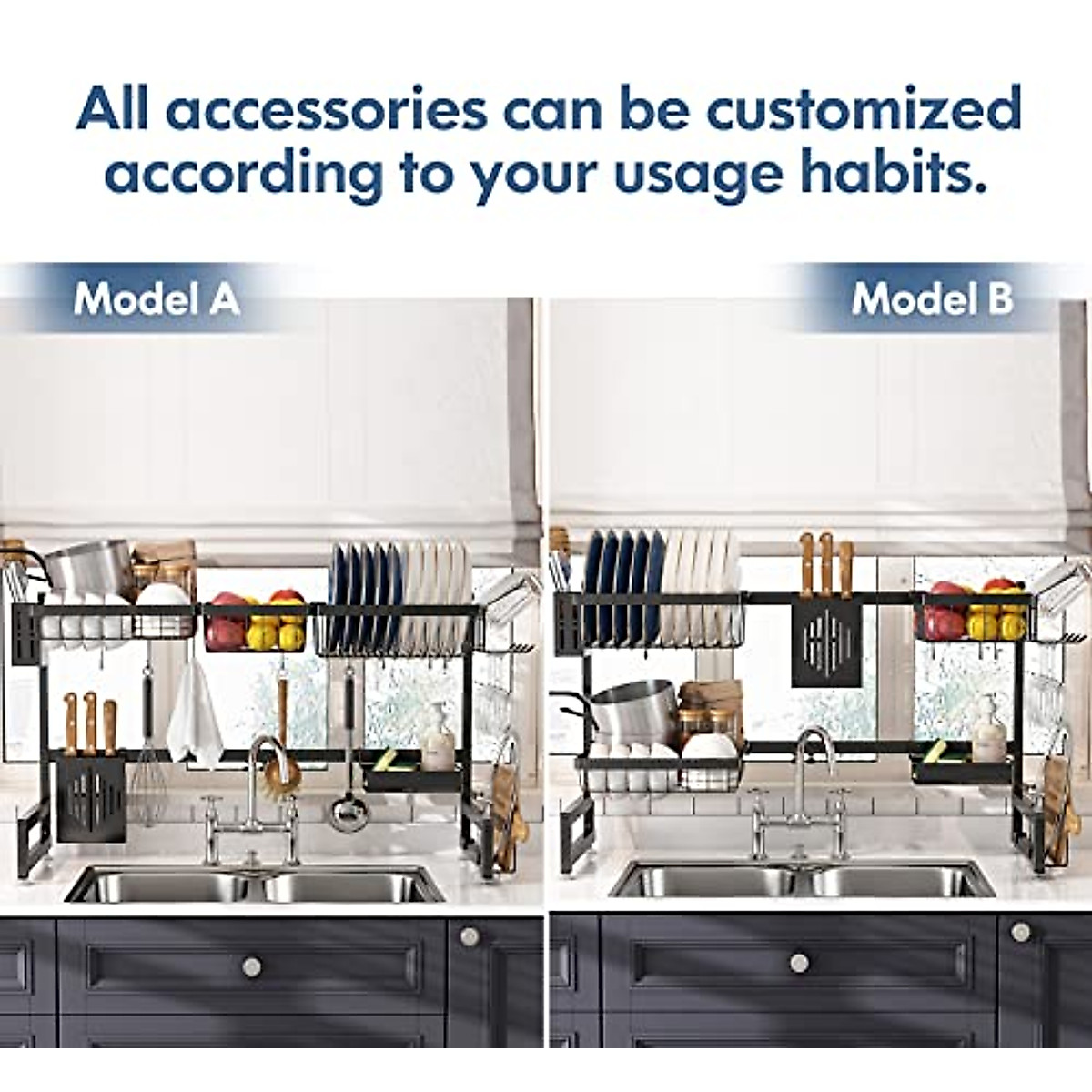 Over The Sink Dish Drying Rack, 2-Tier Adjustable Length(33.5-36.2in) Dish Rack Sink Shelf, Expandable Large Stainless Steel Dish Drainer for Kitchen Counter Organizer Space Saver with 8 Hooks