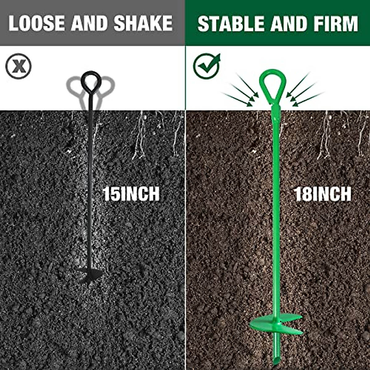 Tondiamo 18 Inch Long Ground Anchor Kit, 3 Inch Wide Helix, Heavy Duty Earth Augers Solid Steel Shaft with Drill Bit for Tents, Swing Sets, Securing Animals, Canopies, Sheds(Green, 6 Pcs)
