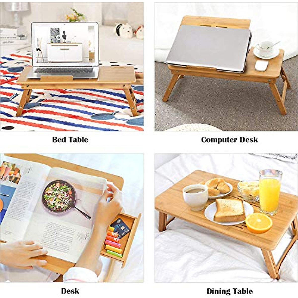 Bamboo Laptop Desk, Adjustable Portable Breakfast Serving Bed Tray with Tilting Top Drawer for Surfing Reading Writing Eating (Bamboo)