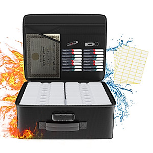 Fireproof Safe Photo Storage Box with 18 Inner 4" x 6" Clear Photo Cases, Portable Photo Organizer with Lock for Picture, Collapsible Photo Container with Handle and 18 Boxes 4 Sheet Label Stickers