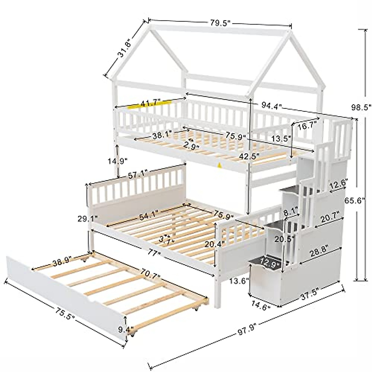 DEYOBED Twin Over Full House Shaped Wooden Bunk Bed with Trundle and Storage Staircase - Perfect for Kids and Teens, Maximizing Space and Convenience in Bedrooms