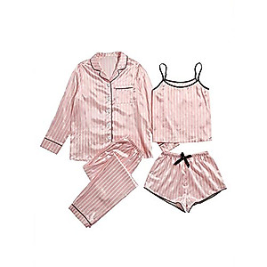 WDIRARA Women's Silk Satin Pajama Set 4 Pieces Sleepwear Loungewear Pj Sets Pink Striped L
