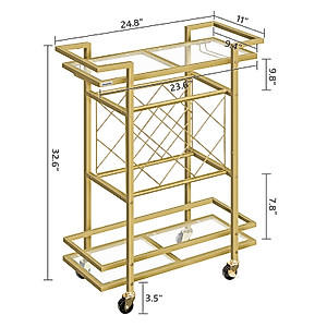 MAHANCRIS Gold Bar Cart, Home Bar Serving Cart, 3 Tier Drink Cart with 7 Wine Bottle Racks, Glass Holders, Beverage Cart on Wheels for Kitchen, Bar, Dining Room, Living Room, Outdoor, Glass, RCJ50B01