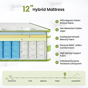 Dourxi 12 Inch Queen Mattress, Hybrid Mattress in a Box, Gel Memory Foam and Pocket Springs for Cooling Sleep & Pressure Relief, Organic Cotton Fabric Cover, Plush Feel, 80"*60"*12", Queen Size