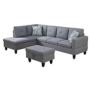 LostCat Sectional Sofa with Chaise, 97" W Modular Sectional Sofa, Modular Couch with Storage Ottoman, L Shaped Sofas & Couches, Linen U Shaped Sectional Couches for Living Room Furniture Sets, Grey