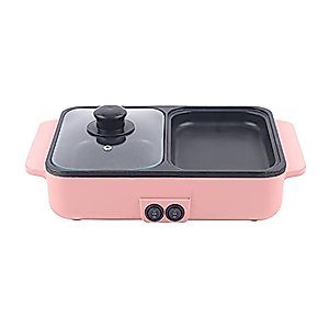 Electric Mini Grill with Hot Pot 2 in 1 Portable Electric Hot Pot Barbecue Grill Non-Stick Teppanyaki Pan 110V Indoor Hotpot Grill Korean BBQ Combo (11.41x 8.66 x 4.33 inch, Pink)