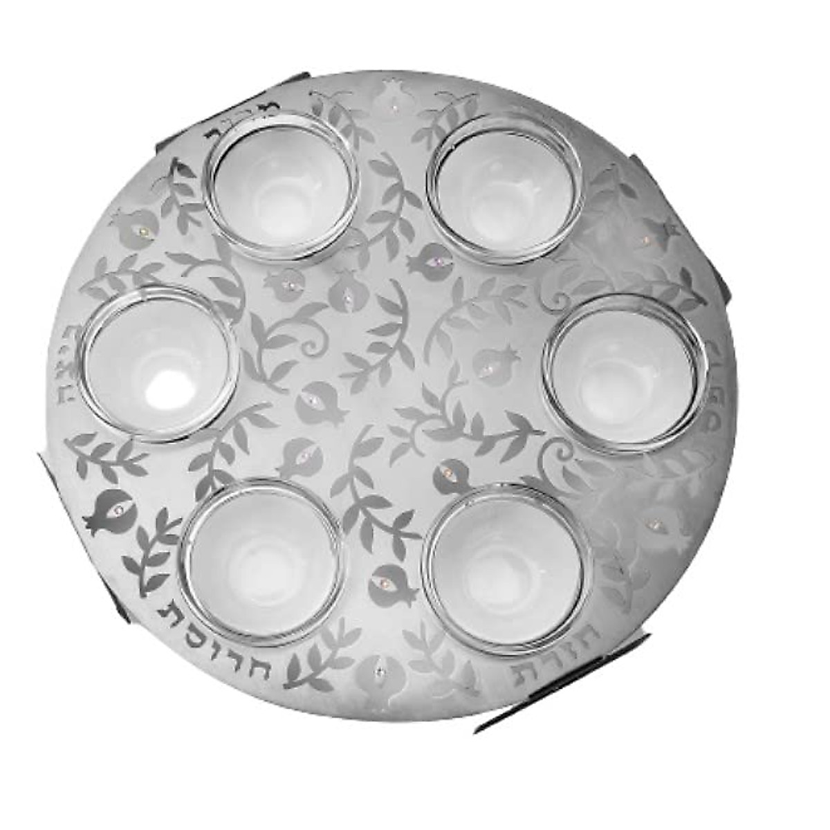 Unique Laser-Cut Stainless Steel Passover Seder Plate with Glass Insets, Matzah Cover + Towel Original Judaica Design (Lacey Pomegranates)