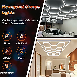 TOGJNDLL 𝑵𝒆𝒘 Hexagonal Garage Lights, Thickened Aluminum 14 Hex Grid with Rectangule Frame, High Brightness 672W 86400LM 6700K, for Garages, Shops, Basements, Car Detailing Shops, 3-Yr Warranty