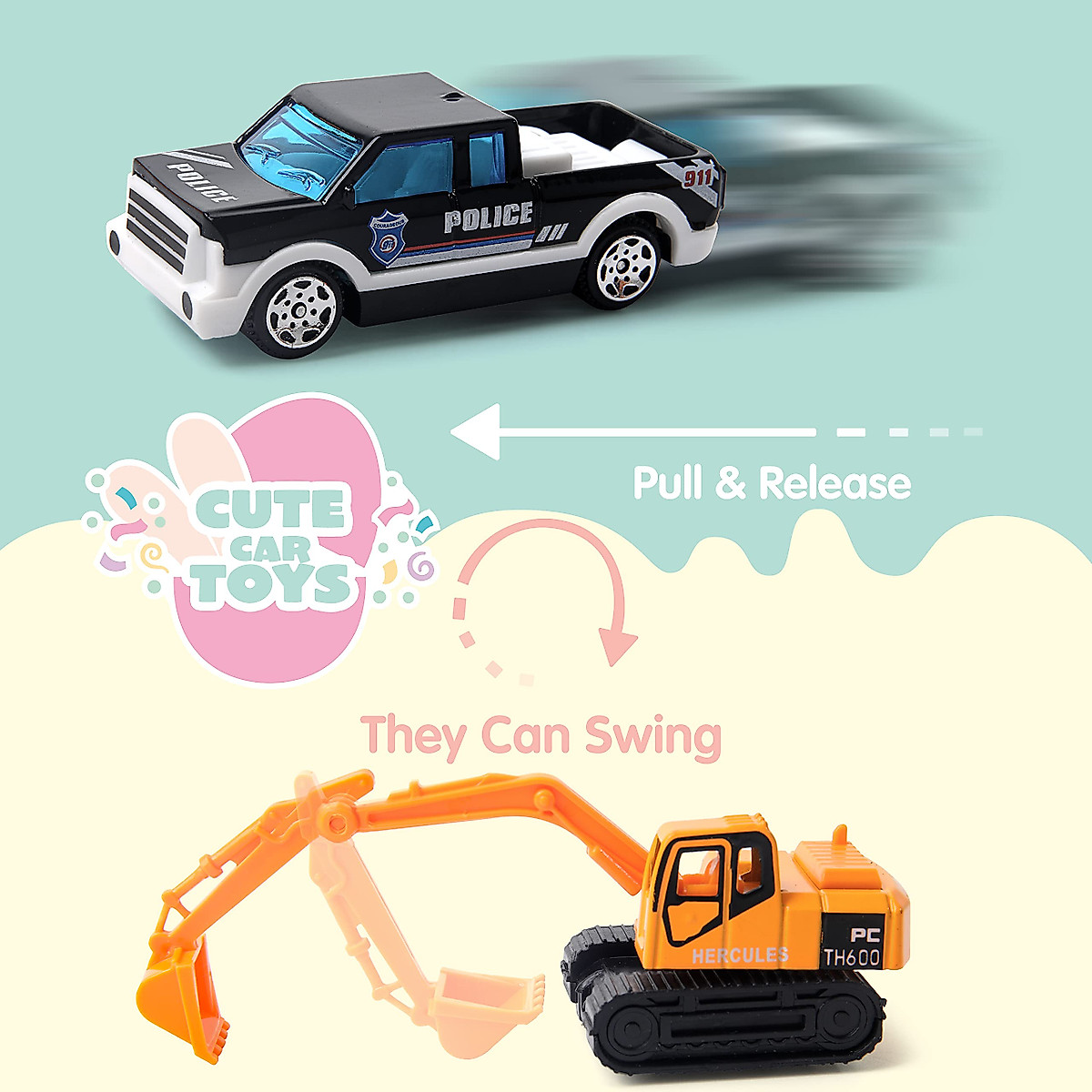 JOYIN 18 Pcs Jumbo Easter Eggs Filled with Die-cast Vehicles, Pull Back City Cars and Trucks Toy Prefilled Egg for Kids Basket Easter Stuffers, Party Favors and Easter Eggs Hunt