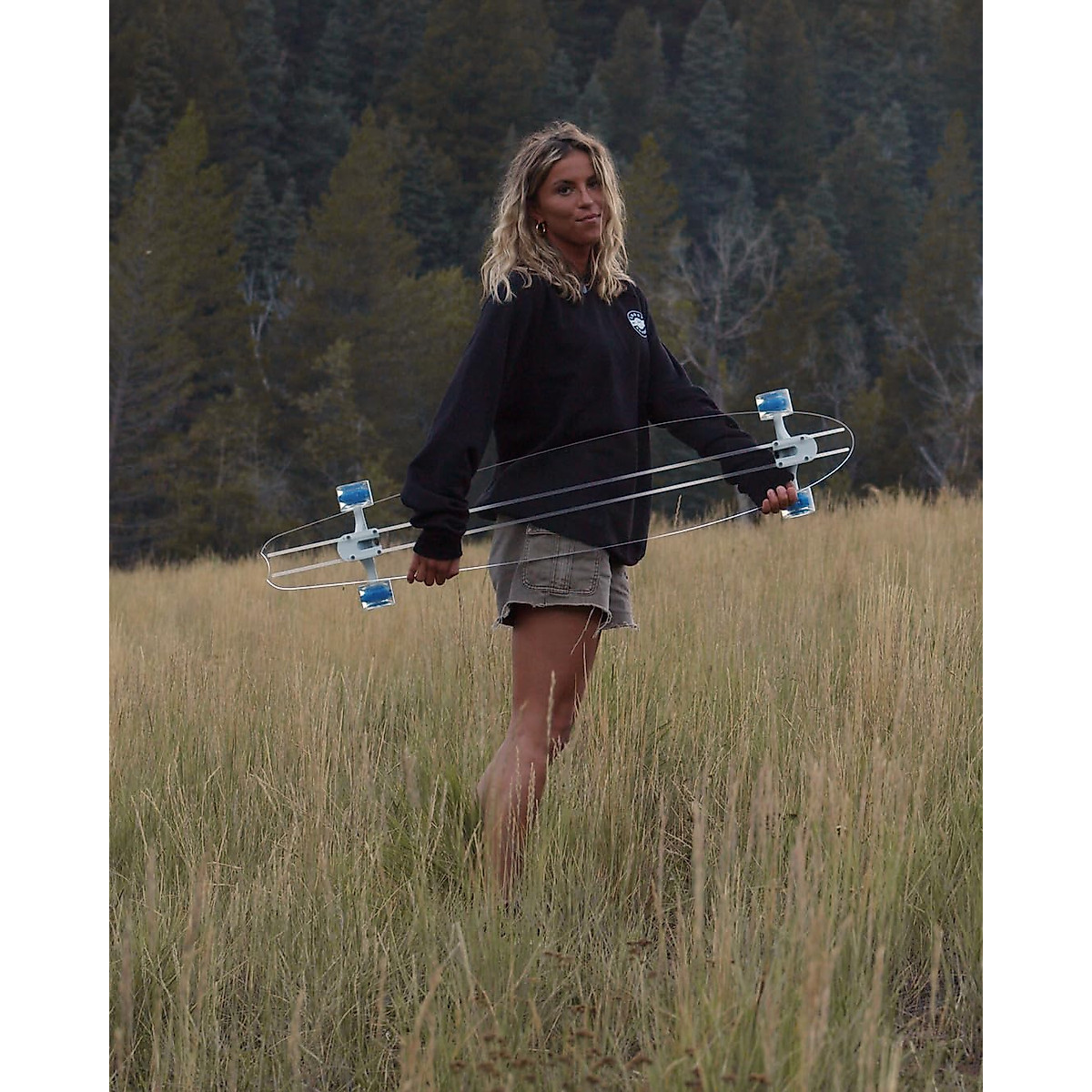 Clear Longboard with Light Up LED Wheels, 48" Pintail Riptide. Acrylic clear skatboard for all ages. weight limit 230 lbs. Made in USA