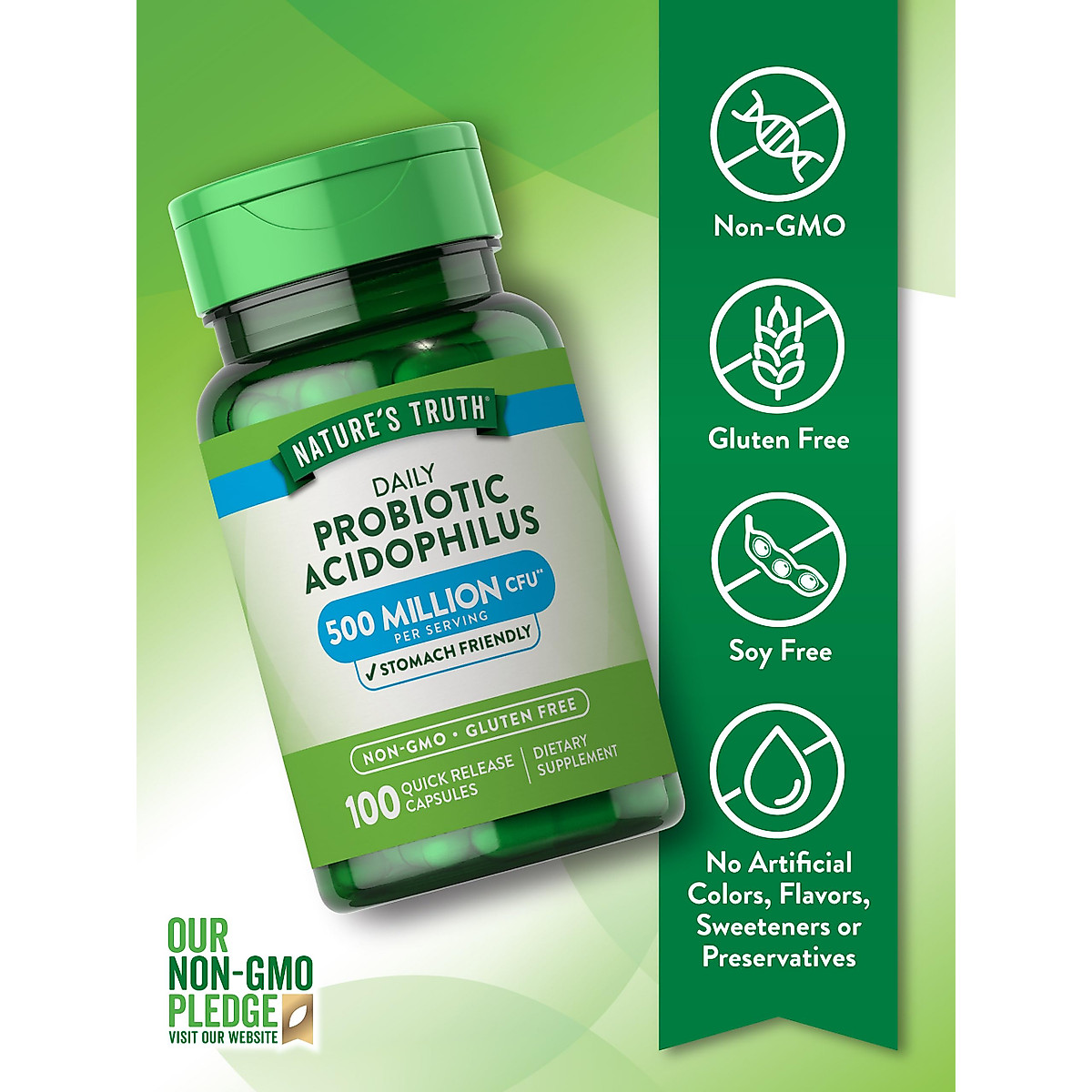 Probiotics For Men and Women Digestive Support | 500 Million CFU | 100 Capsules | Acidophilus | By Nature's Truth