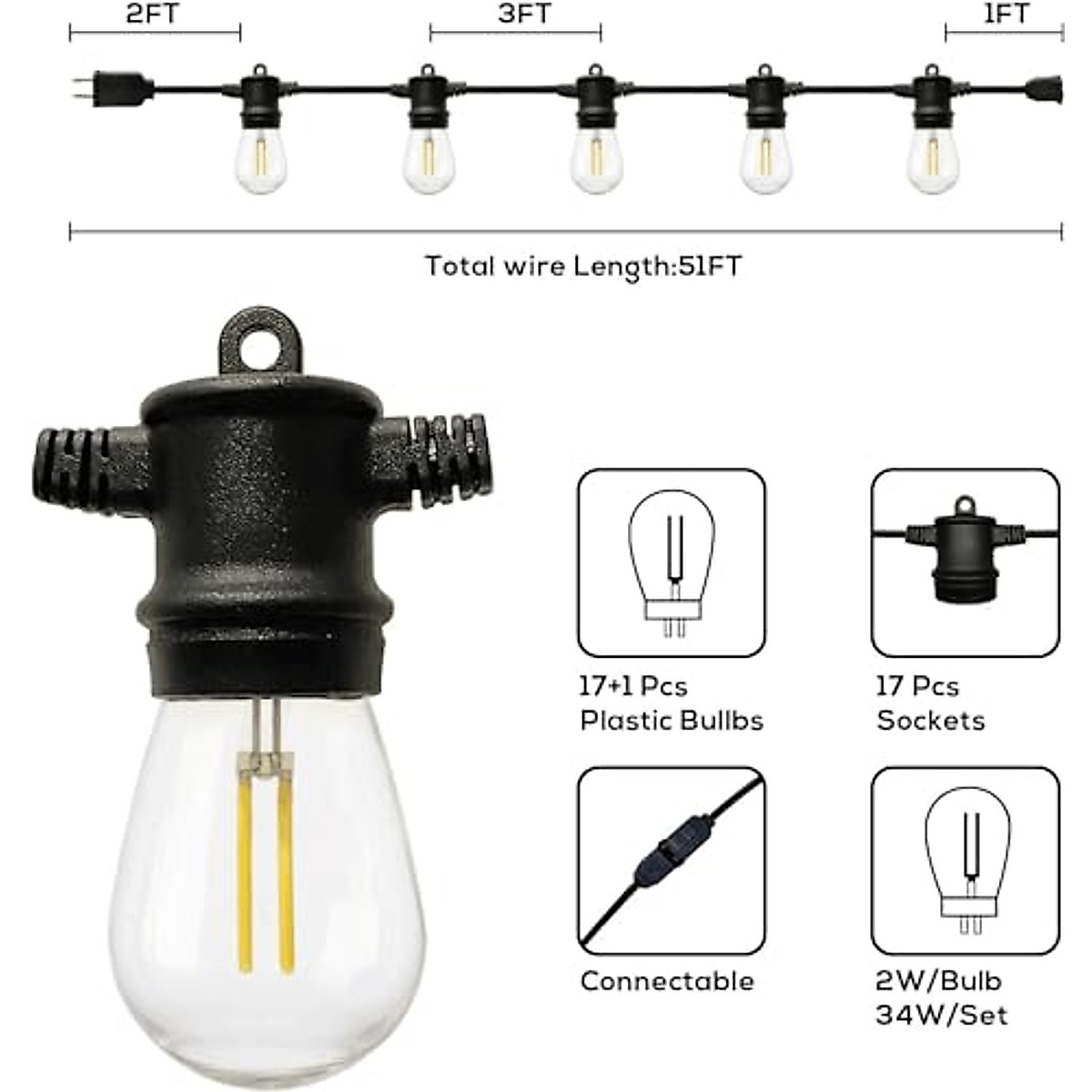 Banord Outdoor String Lights, 51FT Patio Lights with Bright 2W Shatterproof LED Dimmable Plastic Bulbs Waterproof Outdoor Hanging Lights String for Backyard, Porch, Garden, Deck, Camping, Cafe, Party