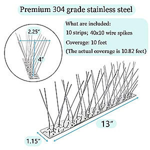 PANGCH Bird Spikes for Pigeons Small Birds,Stainless Steel Bird Spikes -No More Bird Nests & Poop-Disassembled Spikes 10 Strips 10.82 Feet Coverage