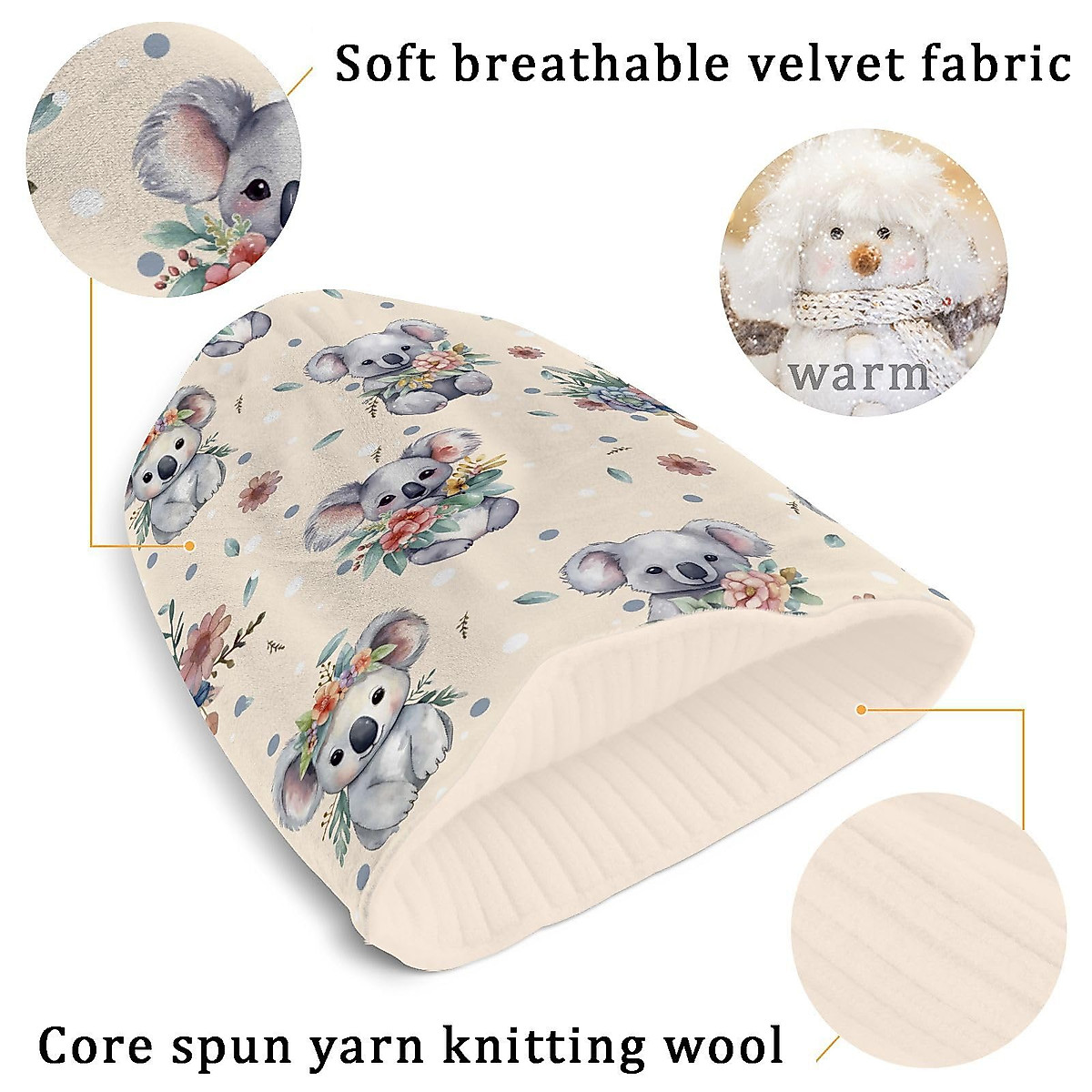Naanle Floral Koalas Mens Womens Beanie Hat Stretch Slouchy Warm Knit Winter Hats Skully White Beanie Women Ski Beanies Cap