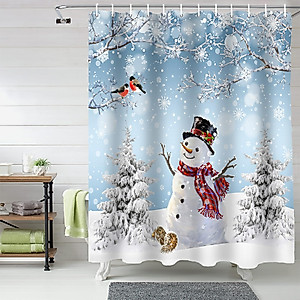 BEMIGO Christmas Tree Snowman Shower Curtains for Bathroom, Xmas Tree Farmhouse Fabric Waterproof Shower Curtain Set with Hooks, Christmas Vacation Decorations Bathroom Accessories 72x72inch