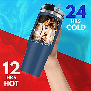 Personalized Photo Tumbler w/Handle, Custom Double Sides 40 OZ Travel Coffee Mug Stainless Steel Cup with Straw Lid, Customized Gift for Dad, Mom, Grandpa, Grandma