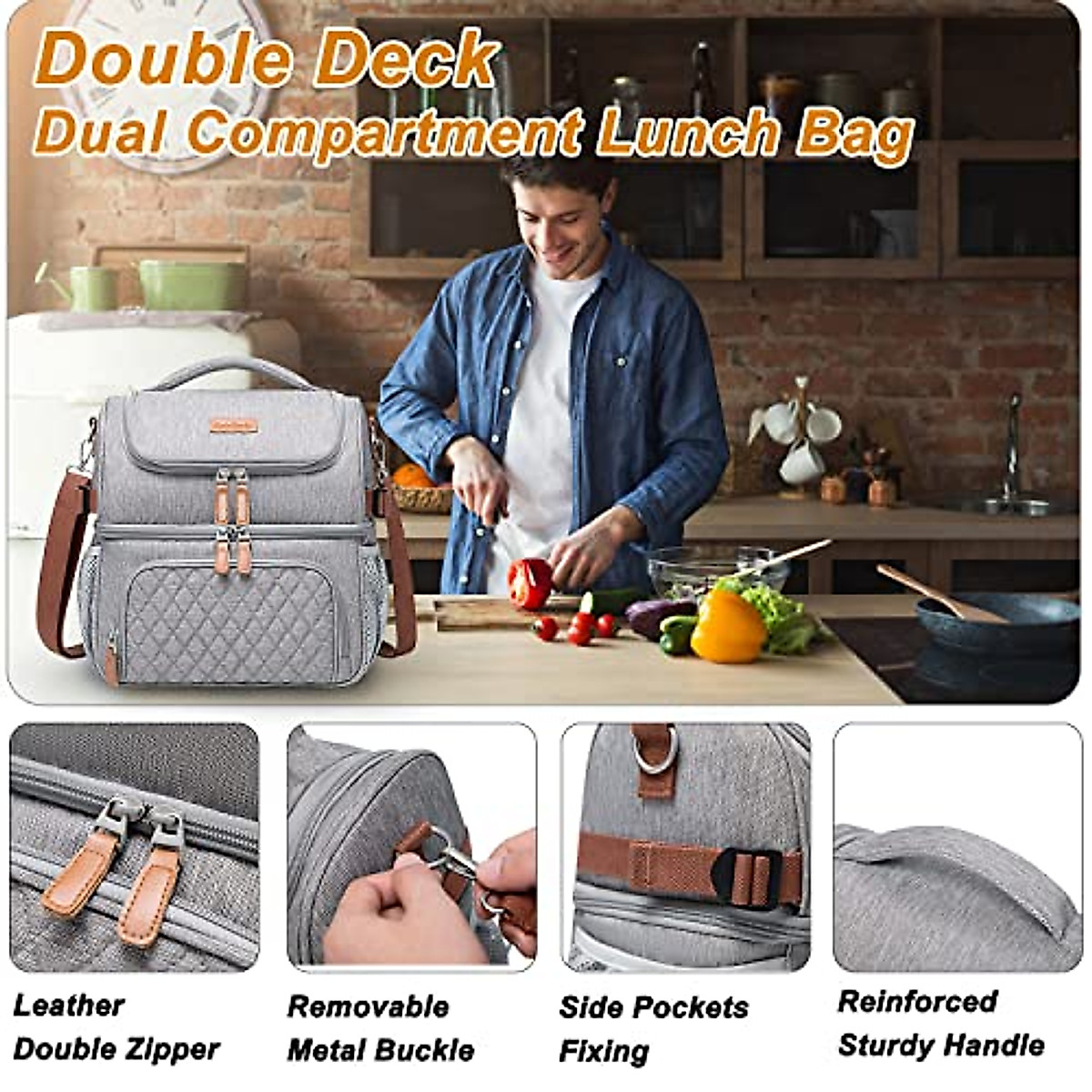Artelaris Lunch Bag for Men Women, Large Double Deck Lunch Box Tote for Work, Dual Compartment Insulated Leakproof Lunchbox Cooler for Adult with Shoulder Strap & Side Pocket for Picnic Hiking Outdoor