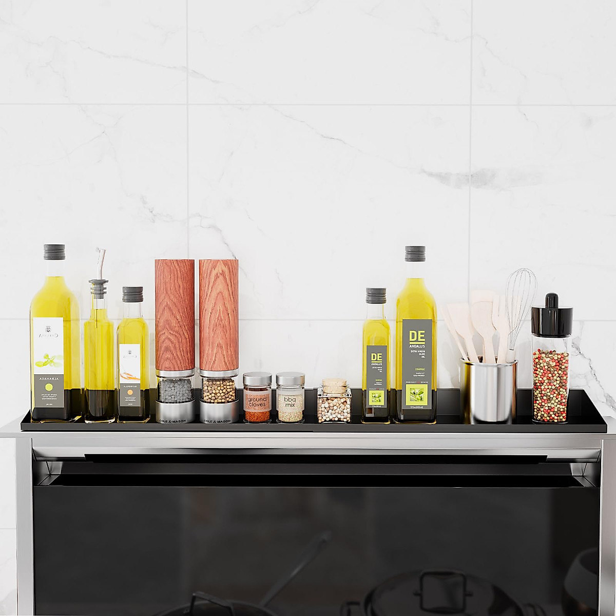 Notmise Magnetic Shelf for Top of Stove Metal Kitchen Spice Rack Seasoning Organizer,Length Adjustable, Suitable for 20" 24" 30" Flat Top Stove, Black