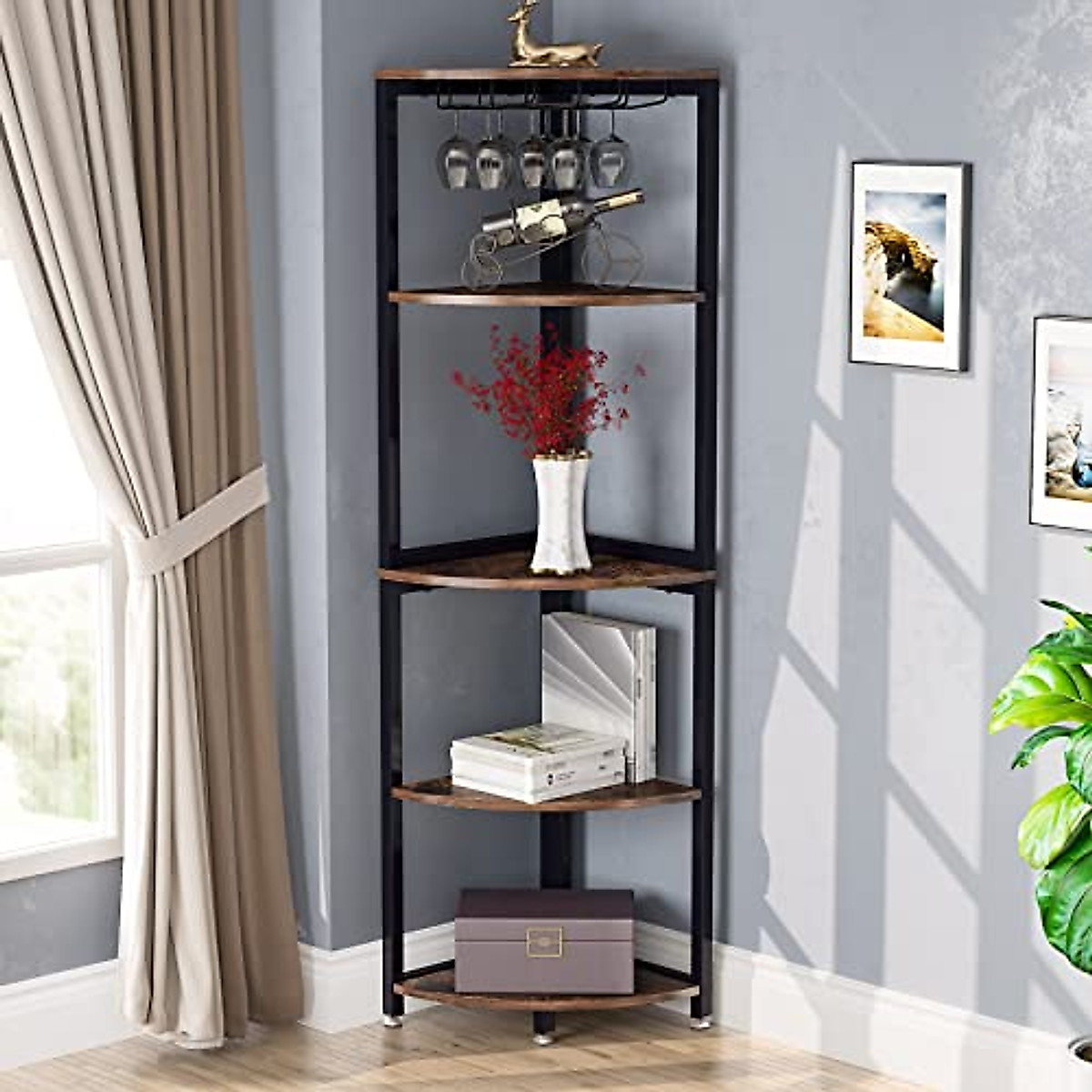 Tribesigns Corner Shelf with Glass Holder, 5 Tier Corner Bookshelf Small Bookcase Wine Bar Cabinet with Storage Display Rack for Living Room, Kitchen, Dining Room, Rustic Brown