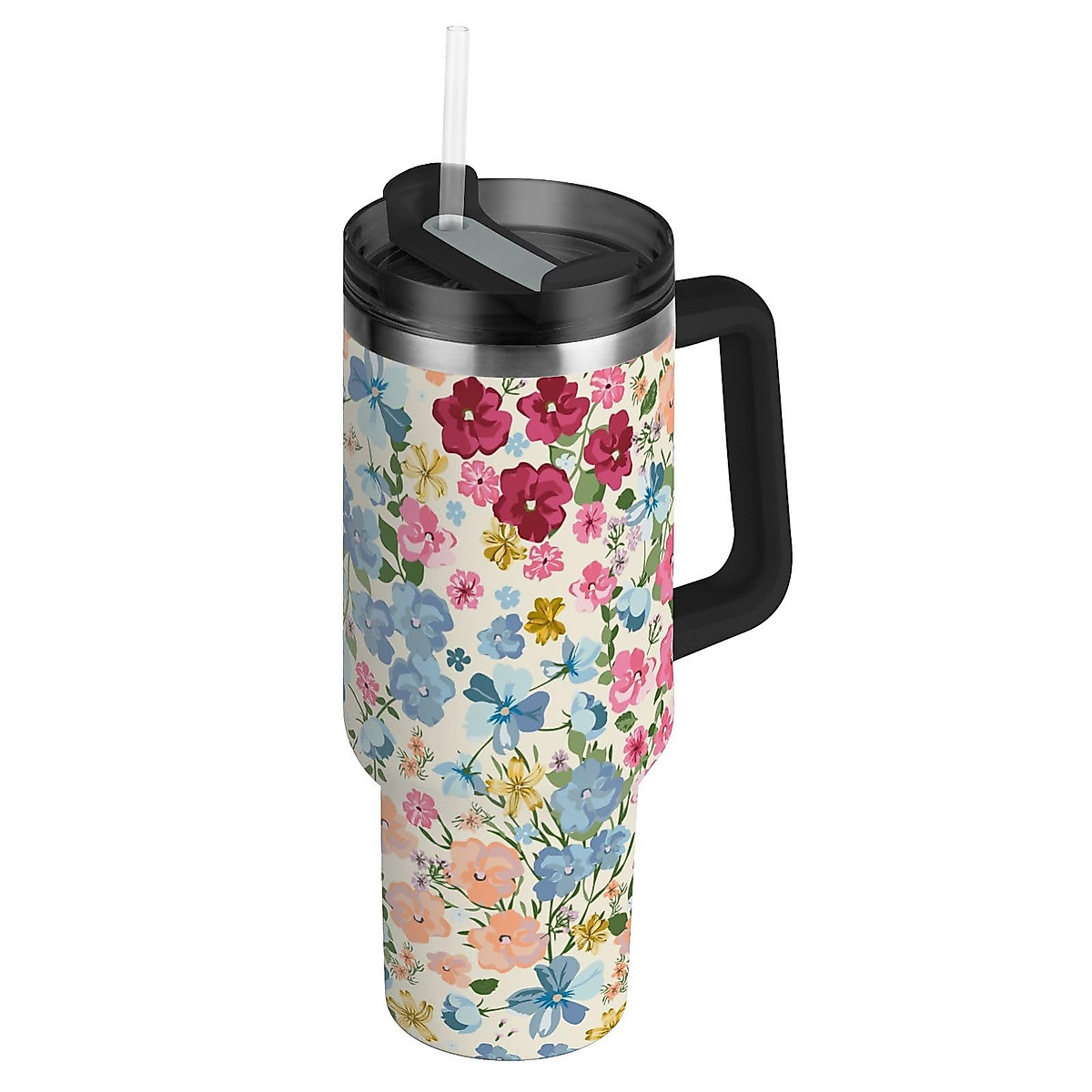 Yasala Car Tumbler with Handle Watercolor Cute Garden Flower Travel Mug Coffee Cup Insulated Beverage Container Mega Cup for Hot Cold Drinking Thermos Water Bottle Cupholder Friendly 40 oz