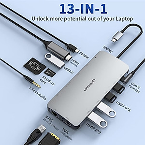 USB C Docking Station, MacBook HDMI Adapter 13-in-1 UPGROW Type-C Hub with 4K HDMI,VGA,USB 3.0&2.0, USB C/F, PD Charger, SD/TF, RJ45, Aux, USB C Ethernet Adapter Splitter for Most Type C Laptops
