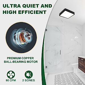 Akicon Bathroom Exhaust Fan with Light, 80CFM 2.0 Sones Exhaust Fan for Bathroom Ceiling, 15W Dimmable 3CCT LED Lights & 3.5W Nightlight Bathroom Vent Fan for Home, Square, Black