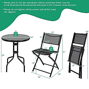 Custpromo Patio Bistro Set, Reinforced Glass Top and Rust-Proof Steel Frame, 3 Piece Foldable Garden Table and Chairs, Black