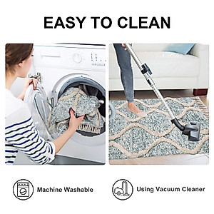 Uphome Boho Area Rug 4' x 6' Washable Vintage Printed Living Room Rug Blue Tufted Distressed Bedroom Rug with Tassels Cotton Farmhouse Floor Carpet for Dining Entryway Kids' Room