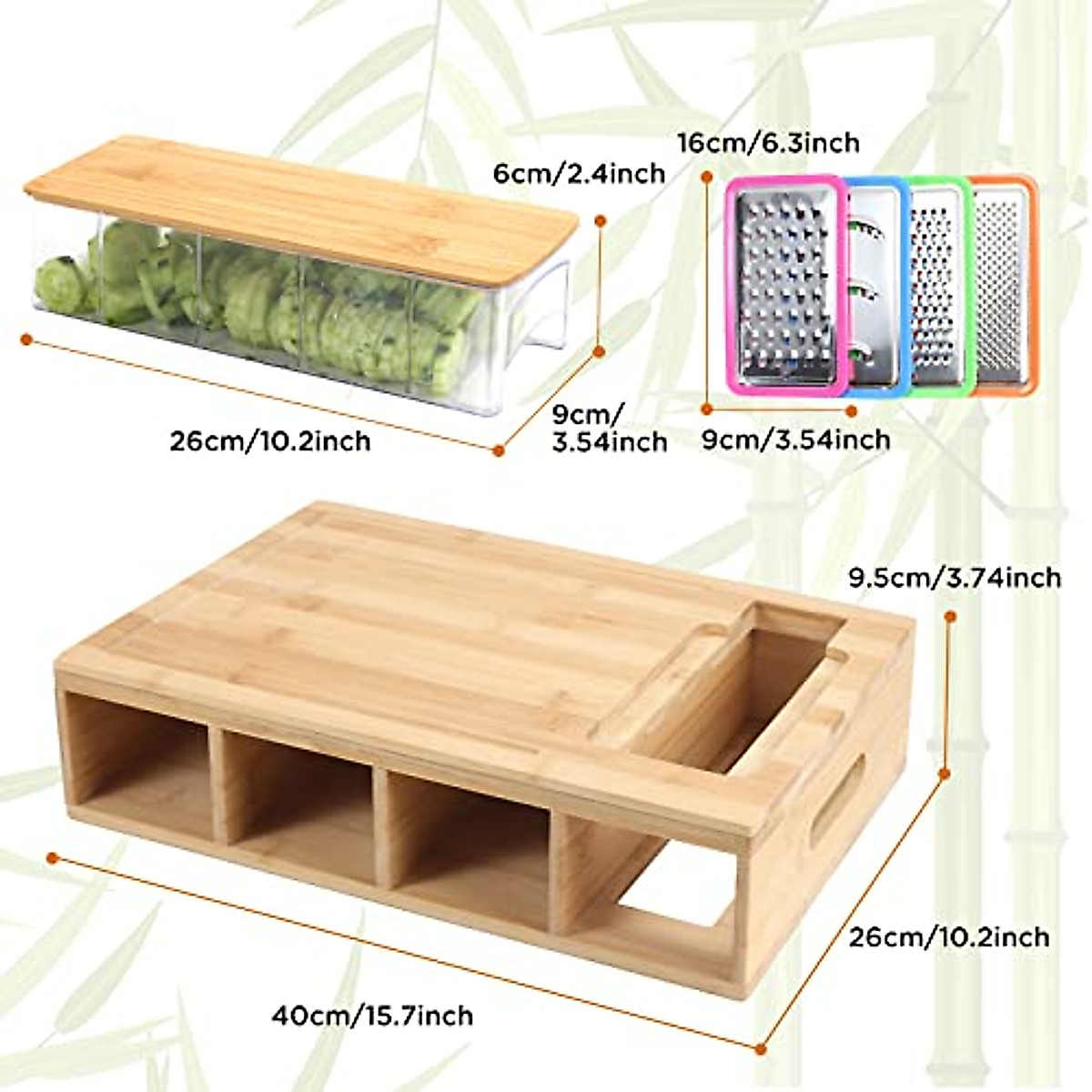 Cutting Board with Containers, Veelink Large Bamboo Wood Chopping Storage Station with 4 Trays and Lids Graters Set for Easy Food Prep and Clean Home Kitchen