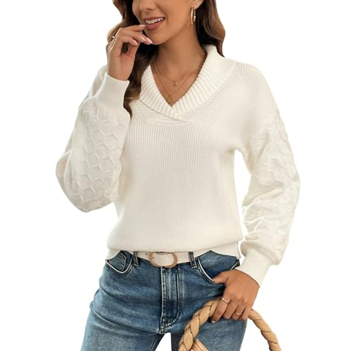 ZHENWEI Women's 2023 Fall Winter Long Sleeve V Neck Solid Color Casual Polo Collared Chunky Cable Knit Pullover Sweater Tops Cream White L
