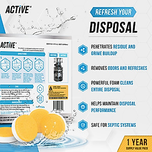 ACTIVE Garbage Disposal Cleaner Deodorizer Tablets 24 Pack - Fresh Citrus Foaming Scrub Sink and Disposer Freshener, Natural Kitchen Drain Cleaning Tablet - 1 Year Supply