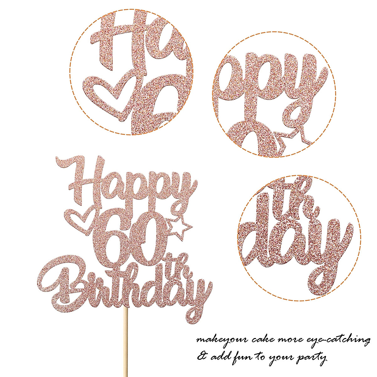 1 Pack Happy 60th Birthday Cake Topper Glitter Heart Star 60 Fabulous Cake Pick Birthday Sign Cake Decorations for Children 60th Birthday Theme Party Supplies Rose Gold